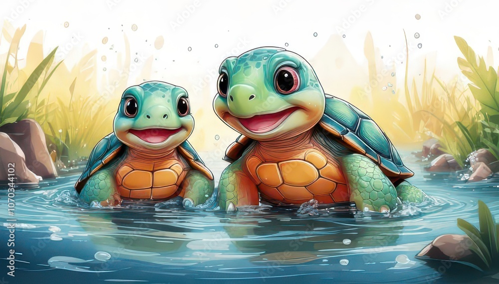 Drawing of playful cartoon baby turtles with bright smiles and playing ...