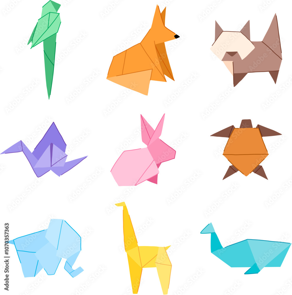 origami animals set cartoon. rabbit elephant, swan butterfly, dog fish ...