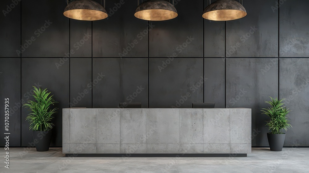 Business center reception with a concrete front desk, metal accent ...