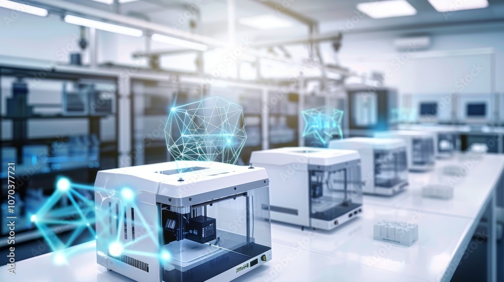 Modern manufacturing plant featuring advanced 3D printers and ...