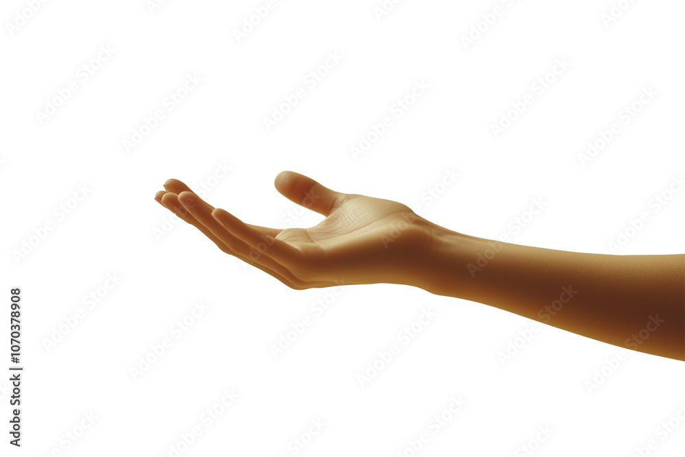 Photorealistic human hand with an outstretched palm, reaching out in an ...