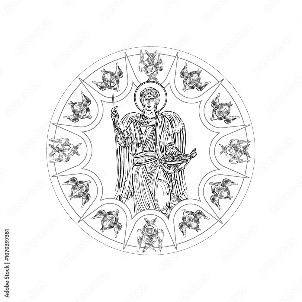 Raphael archangel sky round dome with 4 apostles and seraphim. Coloring ...