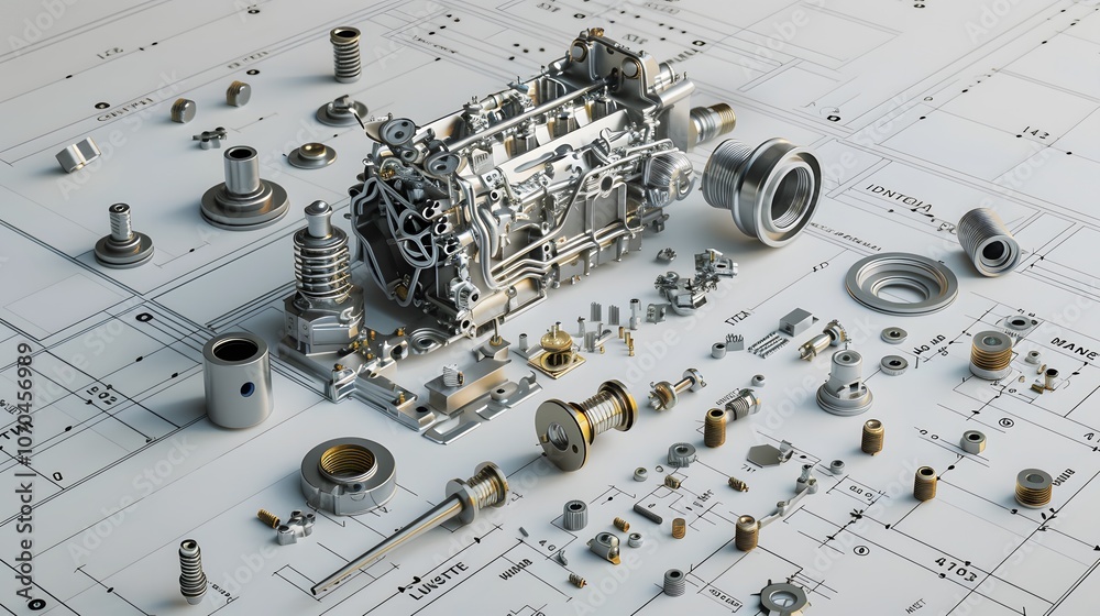 A disassembled engine is shown on a white background. The engine is ...