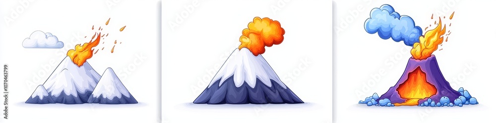 Animated volcanic eruption on sandy island with flowing lava and smoke ...