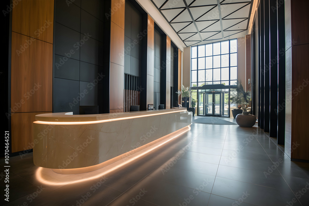 Curved reception desk in sleek lobby, wooden panels, and large windows ...
