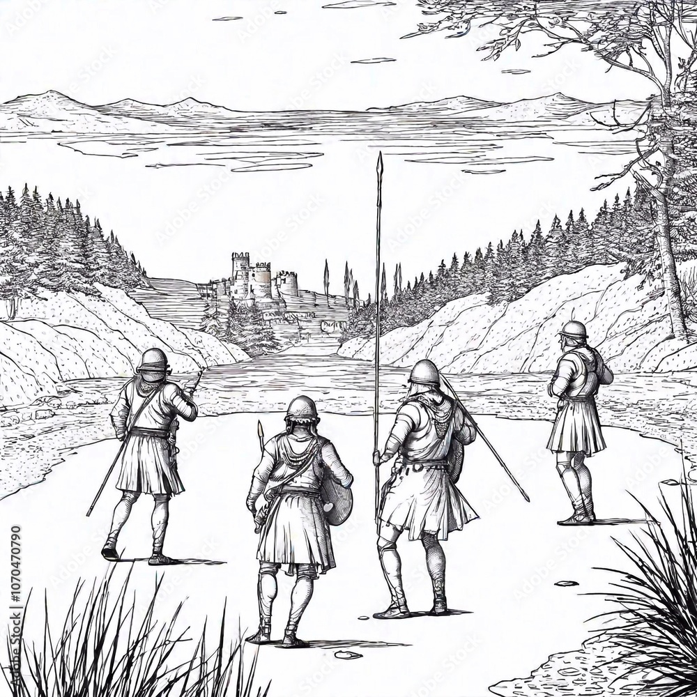 ancient roman army fighting on a frozen river. Line art drawing. Stock ...