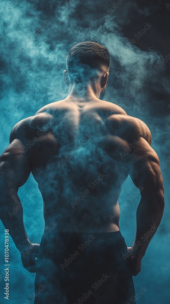 Foto de Stock Muscular back of a bodybuilder shrouded in ethereal blue ...