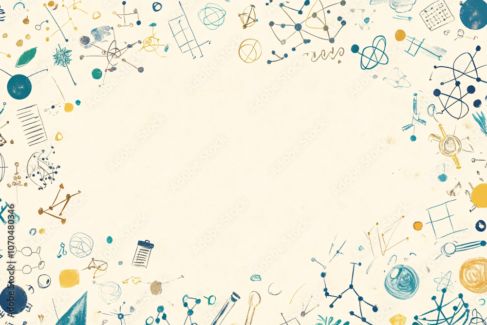 A colorful science doodles border with molecular symbols, atoms, and ...