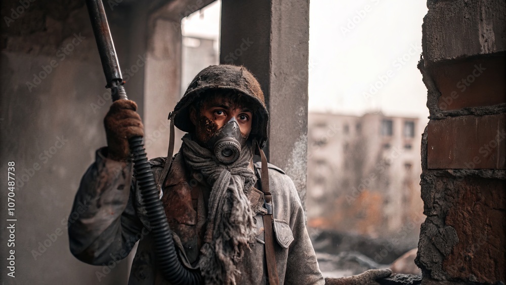 Urban survivor in gas mask amidst abandoned city ruins Stock Photo ...
