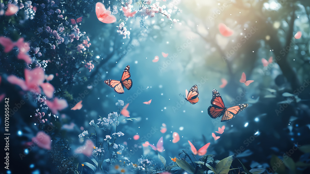 Beautiful fantasy enchanted forest with butterflies, flowers and copy ...