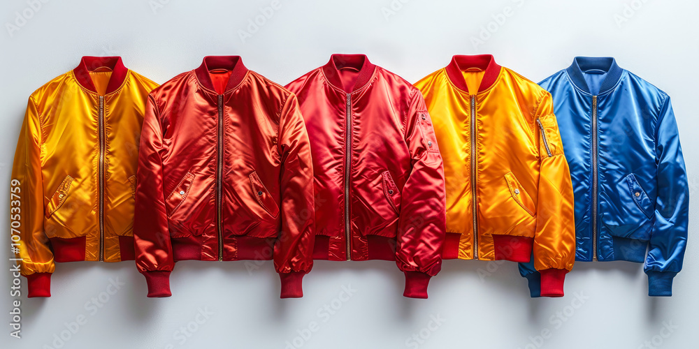 A vivid selection of bomber jackets displayed with an immersive color ...