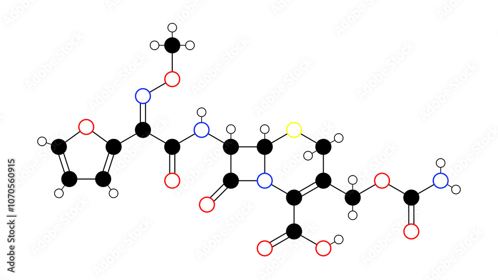 cefuroxime molecule, structural chemical formula, ball-and-stick model ...