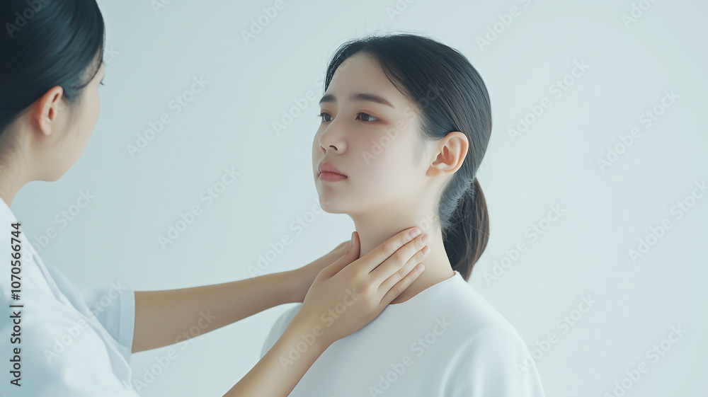 Side view of Asian doctor pressing on young woman’s neck, checking ...