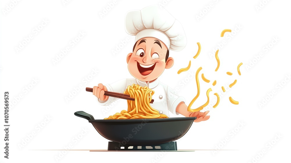 a 2D cartoon illustration of a chef making stir-fried noodles, hot and ...