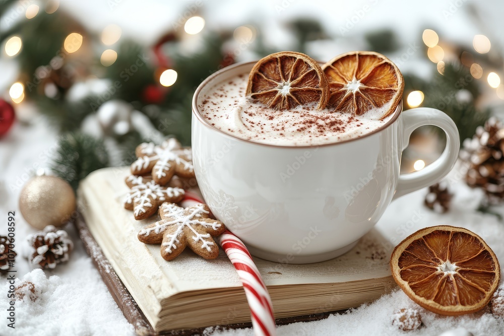 Hot cocoa mug with gingerbread, candy canes, and orange slices spilling ...