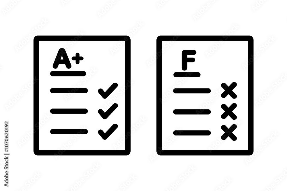 Set of A plus and F grade paper form icon. Excellent and failed score ...
