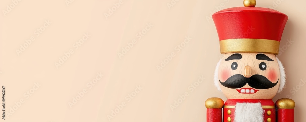 Festive nutcracker with mustache, red hat, gold accents, classic wooden ...