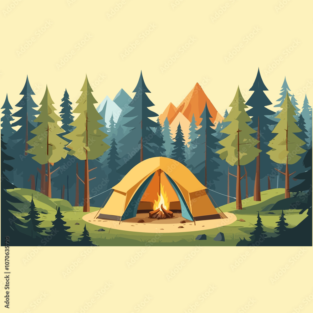 High-quality vector icon of a cozy camping setup with a tent under two ...