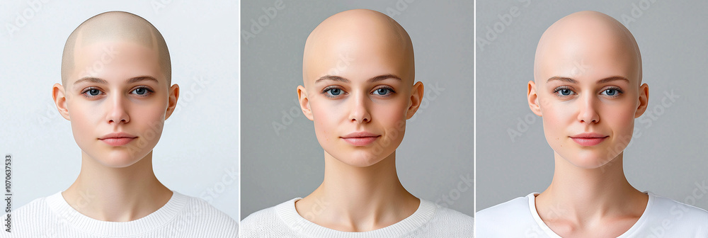 series of three images showing woman with bald head, expressing ...