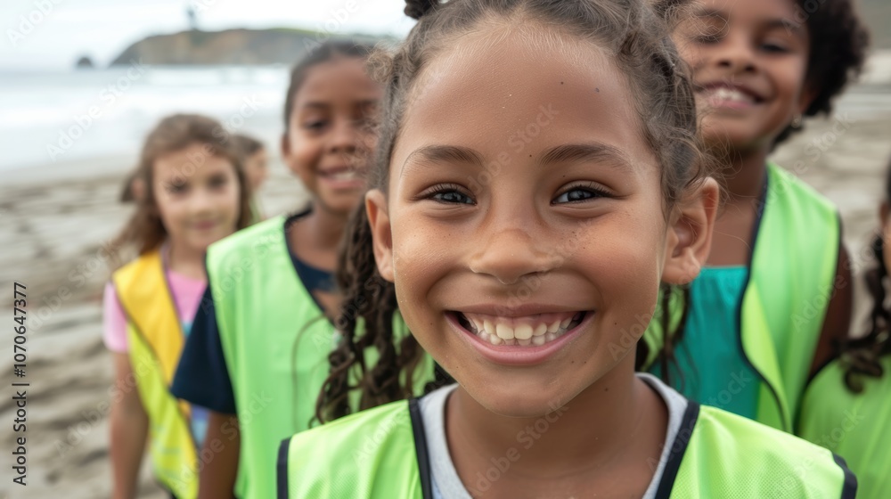 Group of kids participating in an eco-friendly beach cleanup for Earth ...