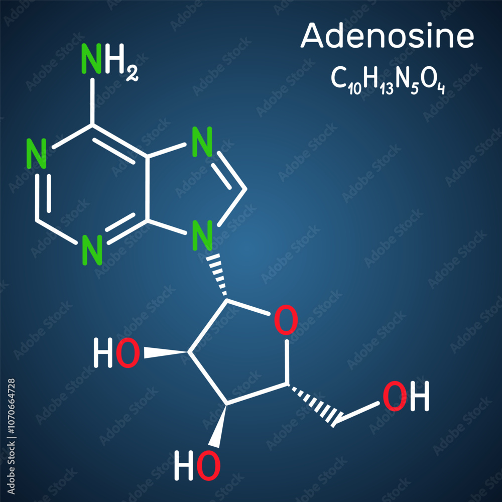 Adenosine ribonucleoside molecule. Chemical structure of nucleoside, dark blue background ...