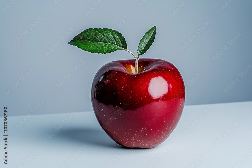 Realistic image of a single red apple with stem and leaf, placed on a ...