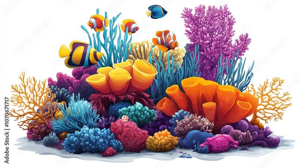 a 2D cartoon illustration of a coral reef with colorful fish ...