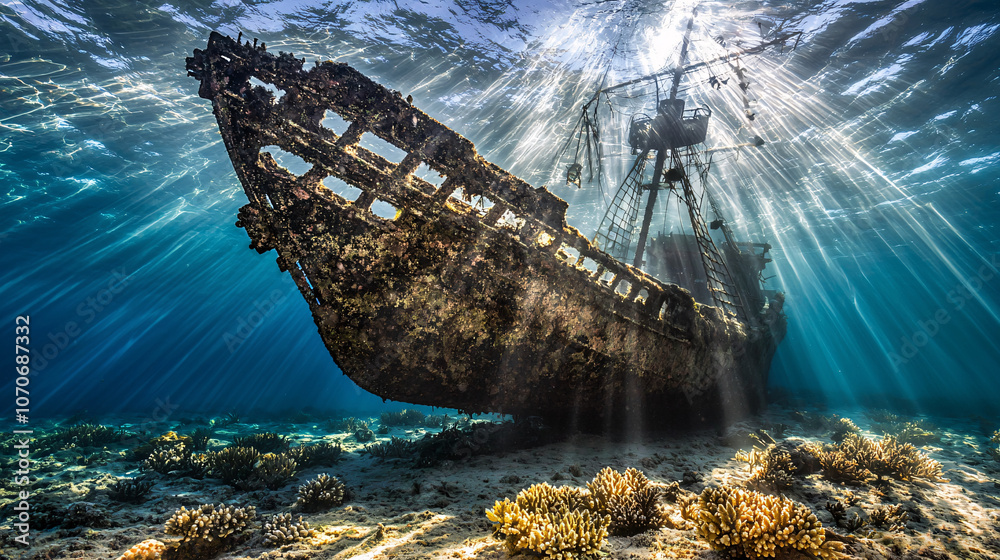 underwater scene capturing eerie silhouette of sunken ship surrounded ...