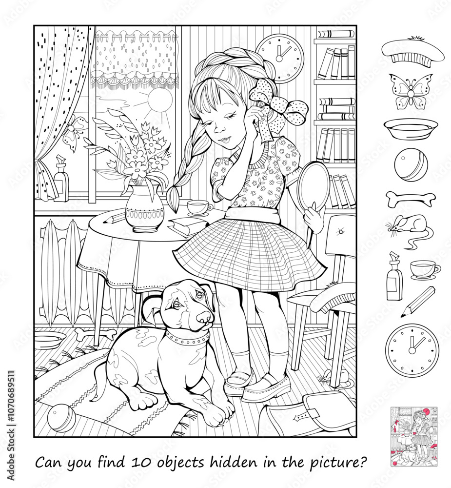 Can you find 10 objects hidden in the picture? Logic puzzle game. Illustration of a little girl ...