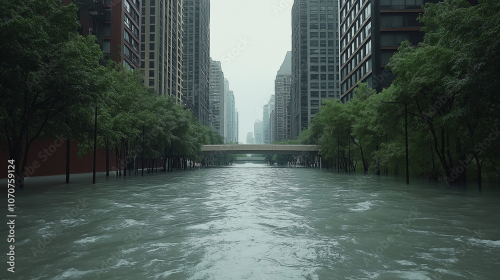 Urban Flood: A street in a city flooded by heavy rain, showing the ...