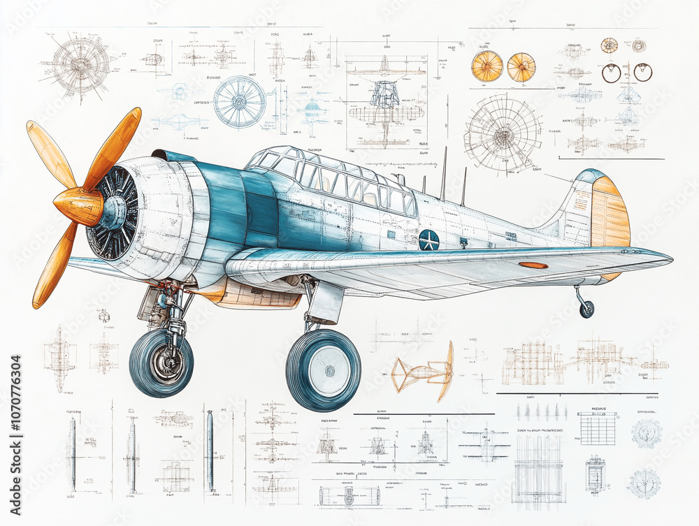 Vintage Airplane Blueprint: A classic propeller plane takes center ...