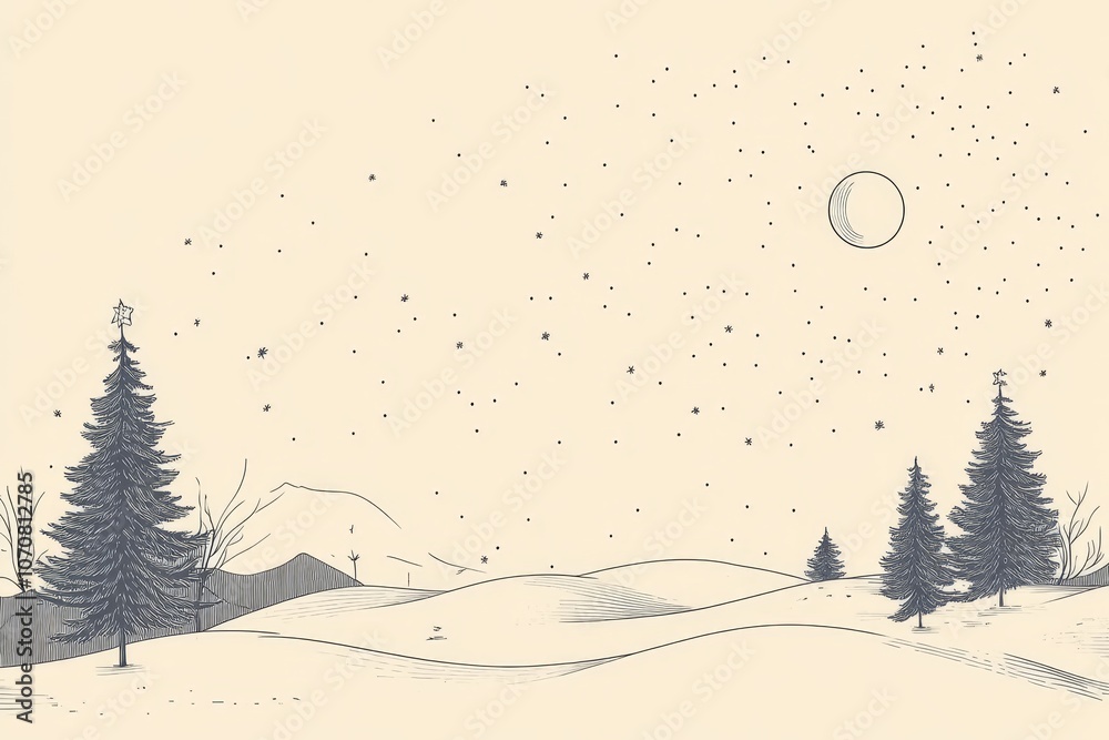 A simple yet elegant line art illustration depicting a wintery ...