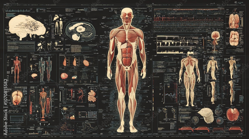 Anatomical diagram showcasing the human body with detailed features and ...
