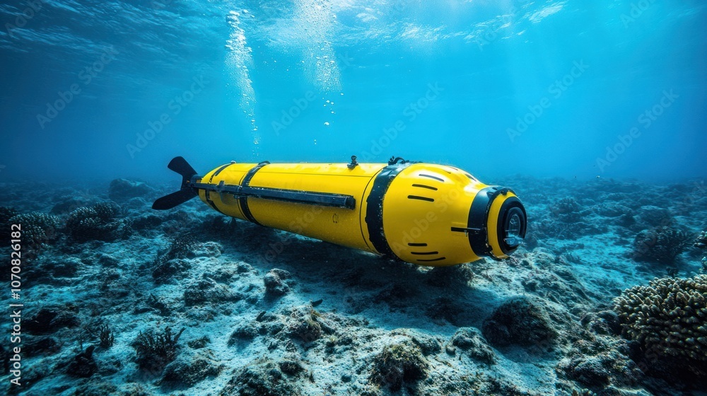 Yellow underwater vehicle prepared for dive, isolated, showcasing ...