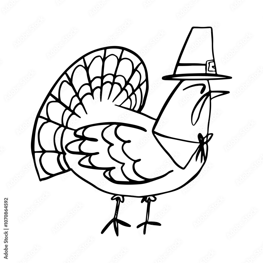 Thanksgiving turkey in a pilgrim hat character, doodle drawing, vector ...