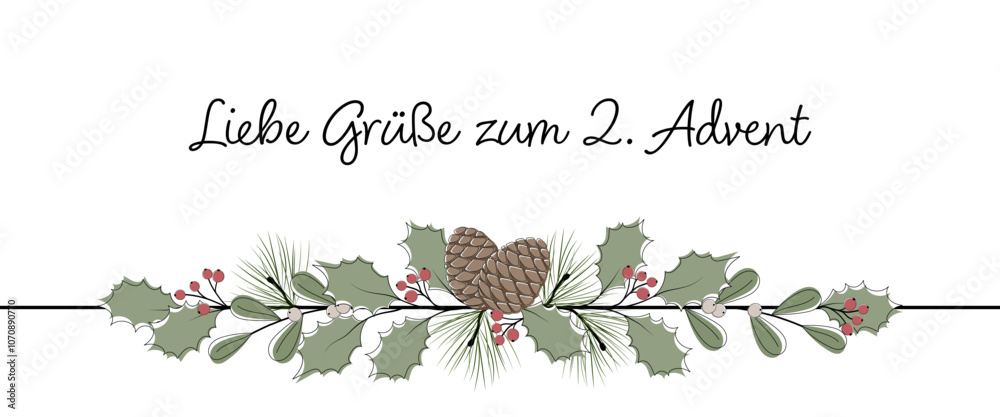 Liebe Grüße zum 2. Advent - Schriftzug in deutscher Sprache. Grußkarte ...