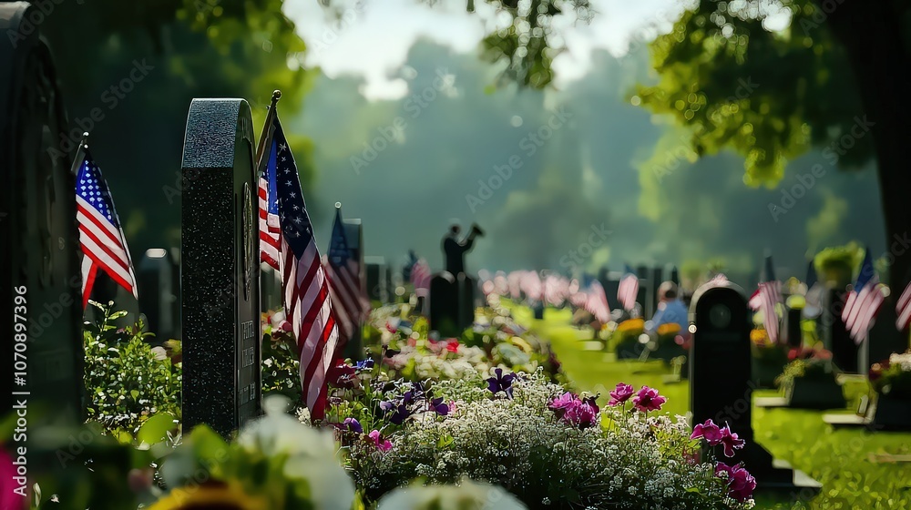 Memorial Day ceremony at a military cemetery with flags on each grave, family members paying ...
