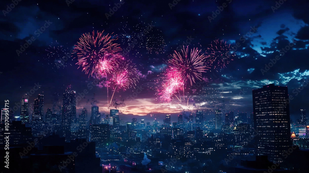 Cartoon city skyline at night with animated fireworks, festive lights ...