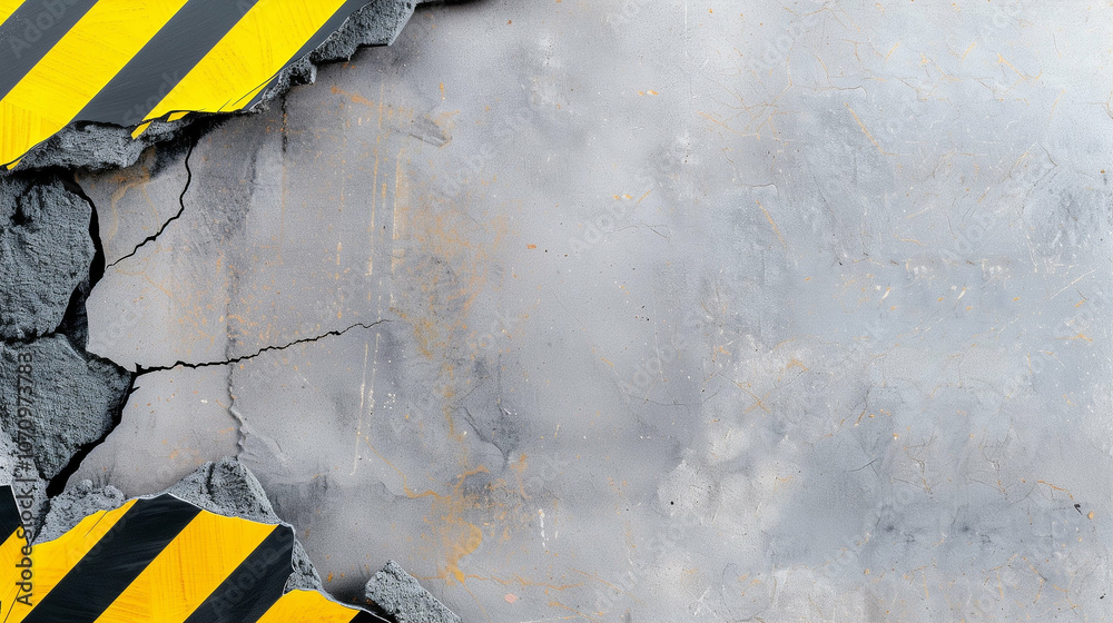 Cracked wall graphic texture with yellow warning stripes and rough ...