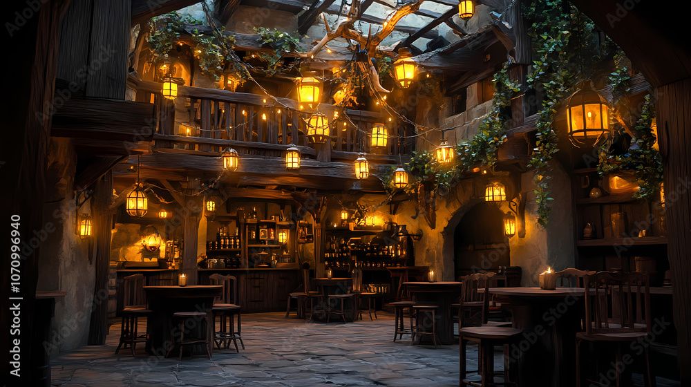 Warm lit friendly medieval fantasy tavern inn, lanterns, concept art ...