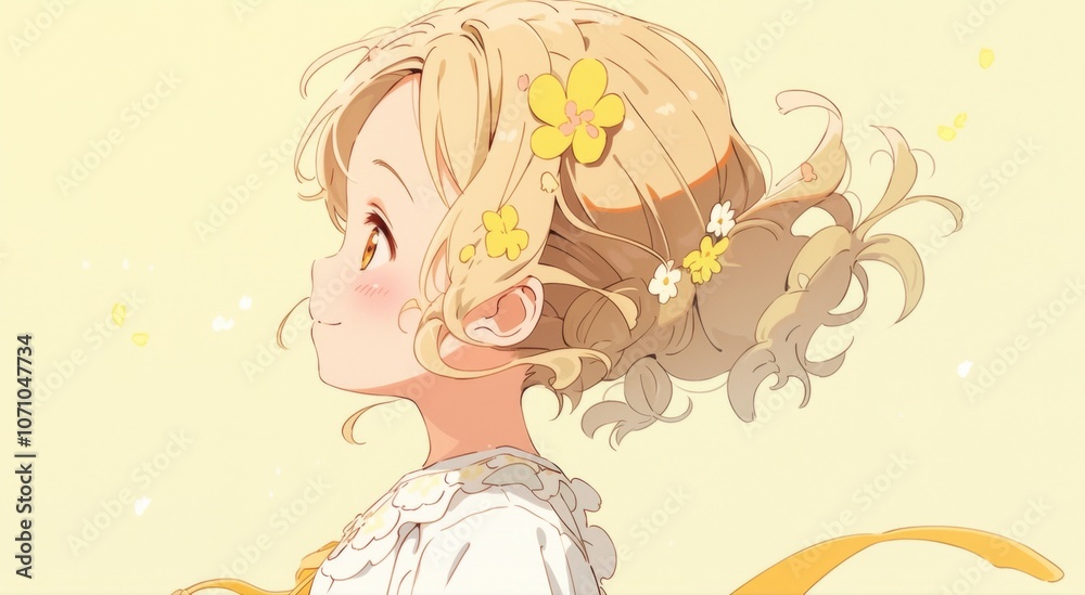 Chibi anime character with blonde curly hair, smiling and looking up at ...