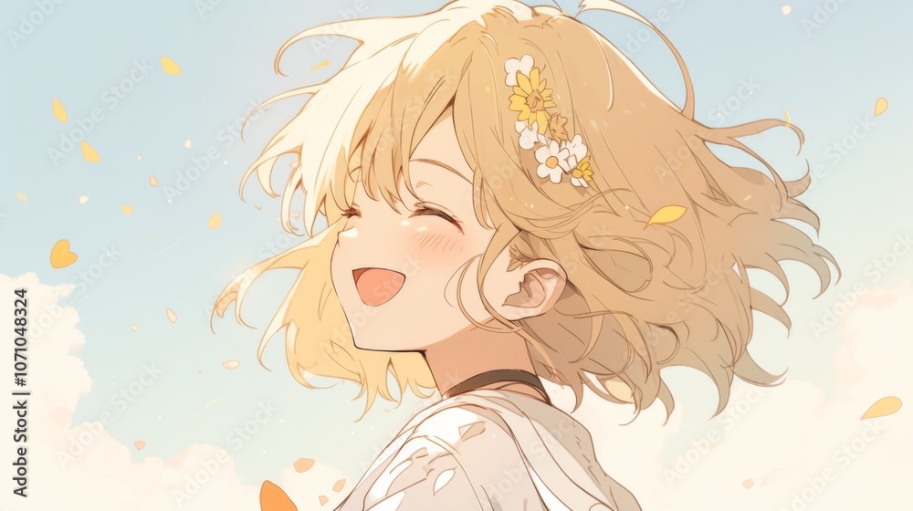 Chibi anime character with blonde curly hair, smiling and looking up at ...