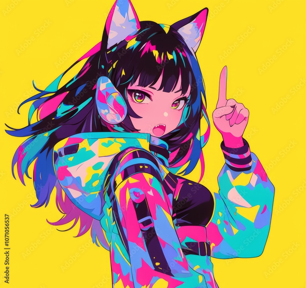 Energetic and vibrant anime girl with cat ears, black hair, and ...