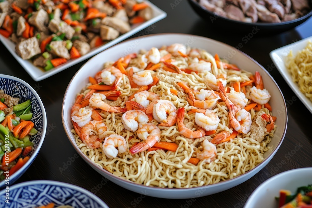 Foto de Stock Chinese themed potluck birthday party at home with loved ...