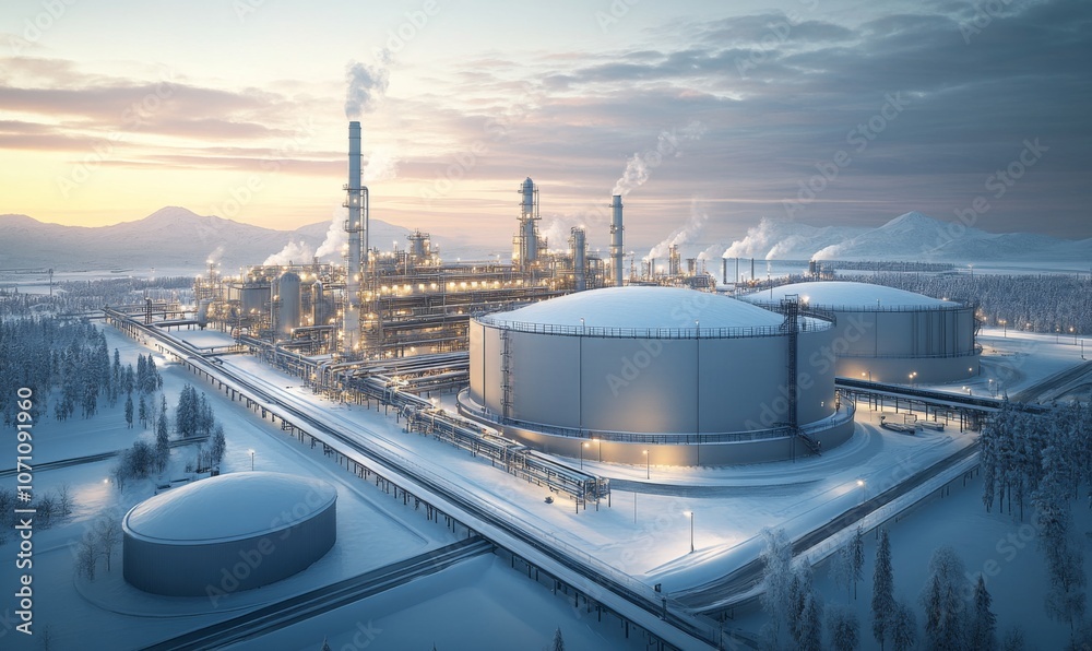 A vast industrial complex with a massive LNG storage tank designed for ...