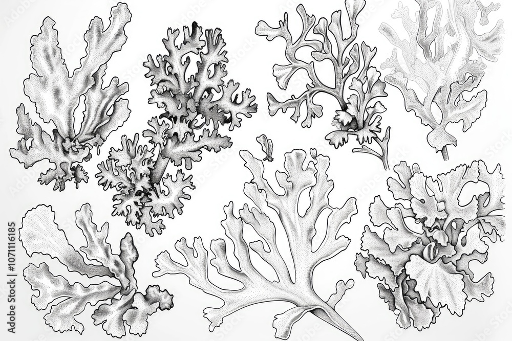 Coloring book illustration of various types of lichen including ...