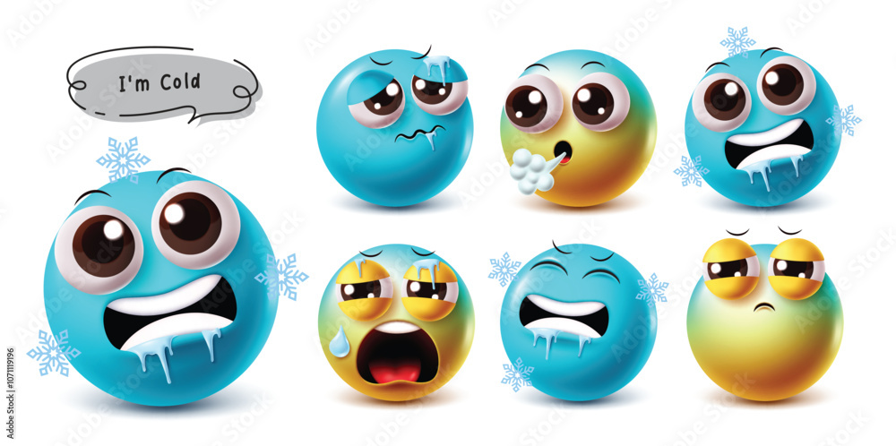 Cold 3d emoji vector characters set. Frozen emojis like cold, sad, blow ...