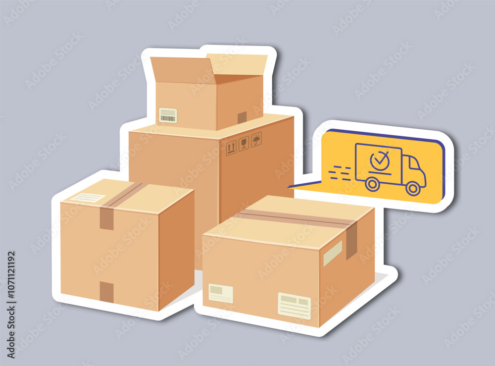 Delivery label. Stack of volumetric cardboard box. Logistics ...