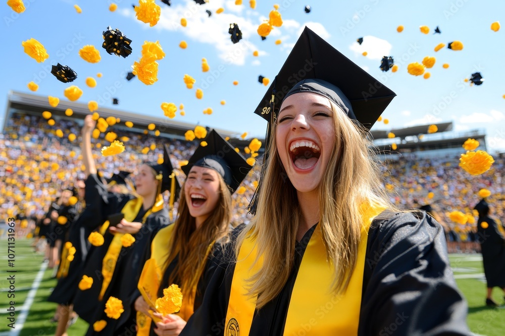 A realistic image of a high school graduation ceremony with students in ...