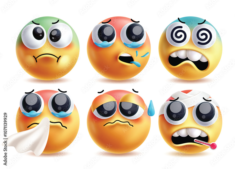 Vector de Stock Sick 3d emoji vector characters set. Illness emojis ...